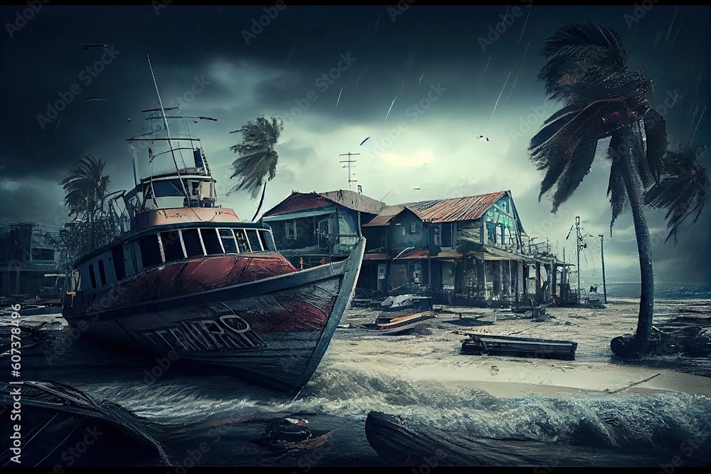 tropical cyclone bringing destruction to coastal city, with boats and ...