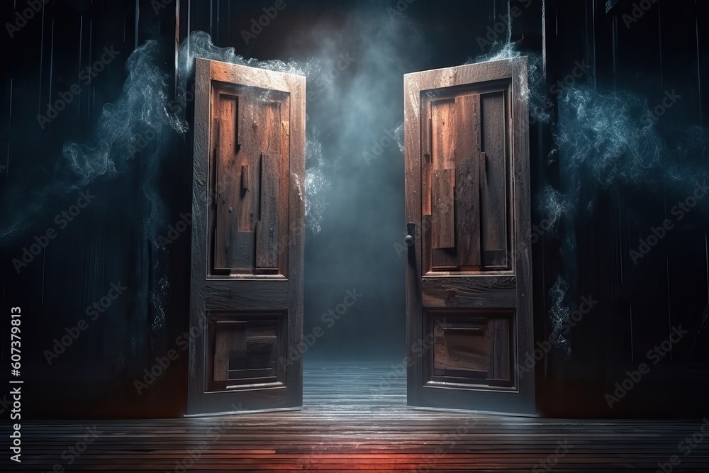 Entrance to dungeons and hell. A large open wooden door is shrouded in ...