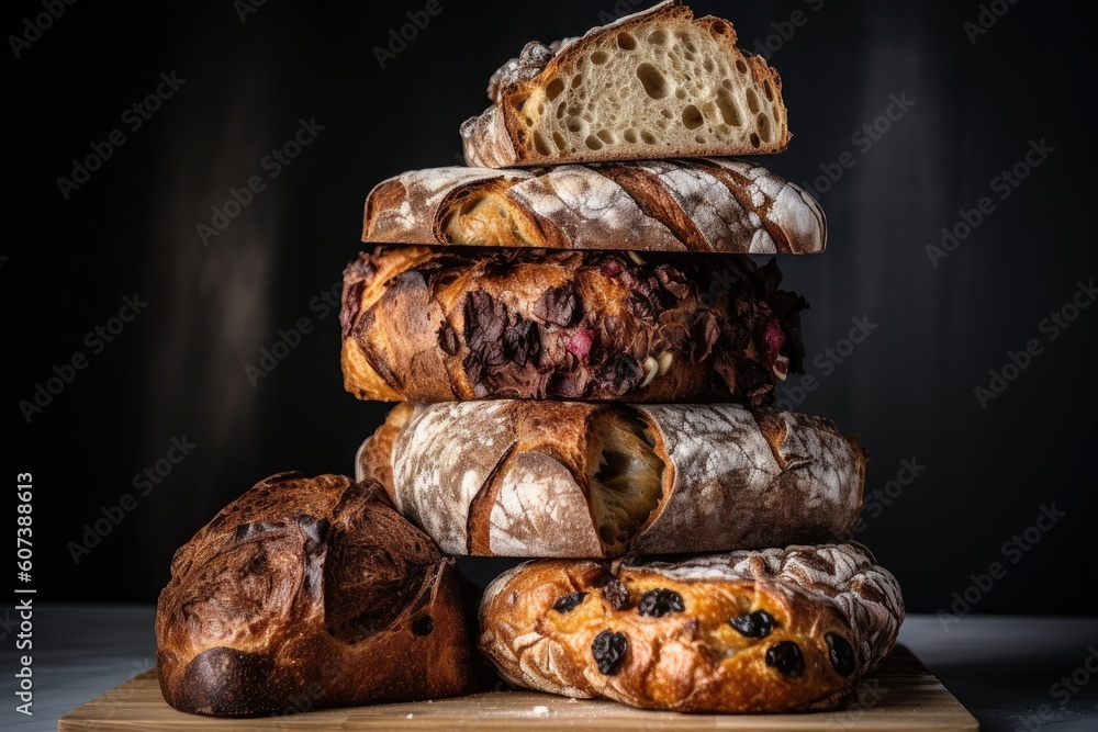 towering stack of artisan breads, with each slice cut perfectly and ...