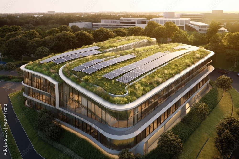 Sustainable business architecture building with green roofs, solar ...