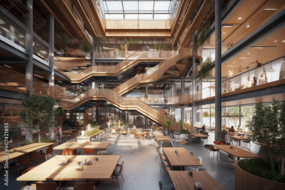 Collaborative business architecture building with flexible workspaces, open meeting areas, and ...