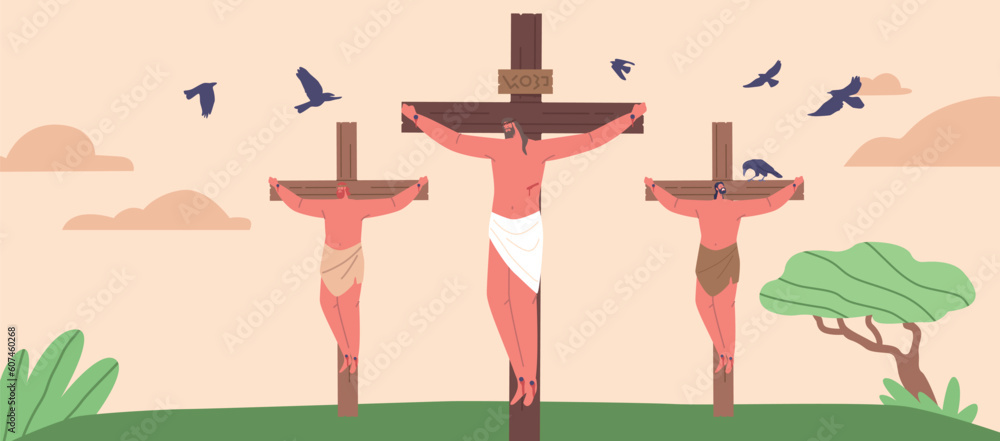 Vector de Stock Crucifixion, A Profound Biblical Scene Depicting Jesus On The Cross With Two ...