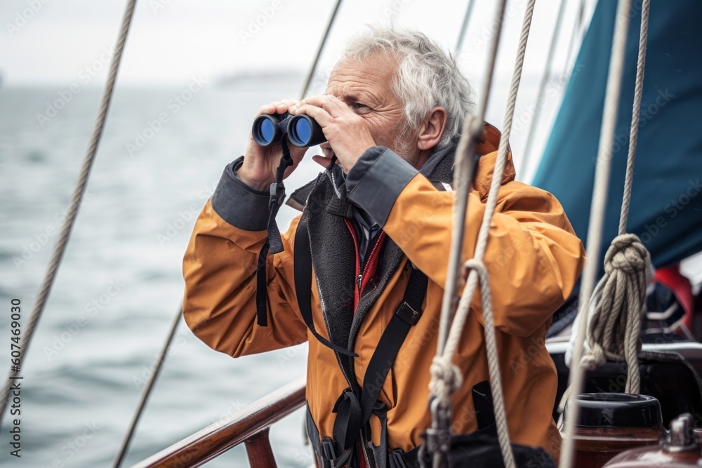 Intrepid person on a sailboat, using binoculars for exploration and ...