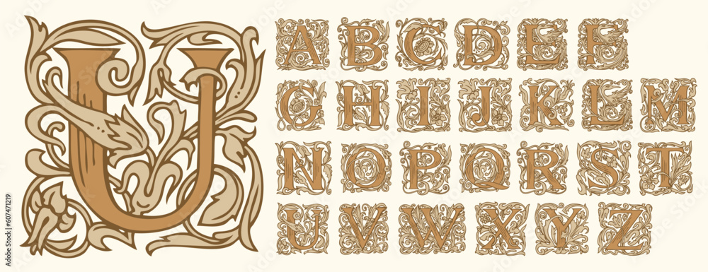 Vintage Alphabet, vector set of hand-drawn medieval, ornate initial ...