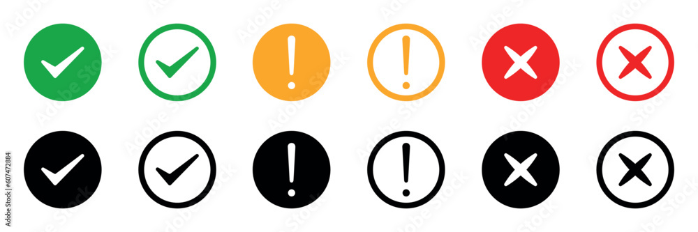 Vector set of round check mark, exclamation signs, X mark icons. Cross ...