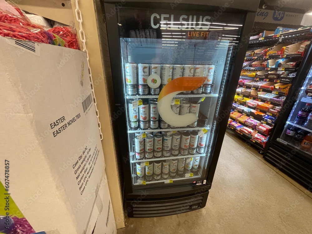 Food Lion grocery store celsius energy drink cooler Stock Photo | Adobe ...