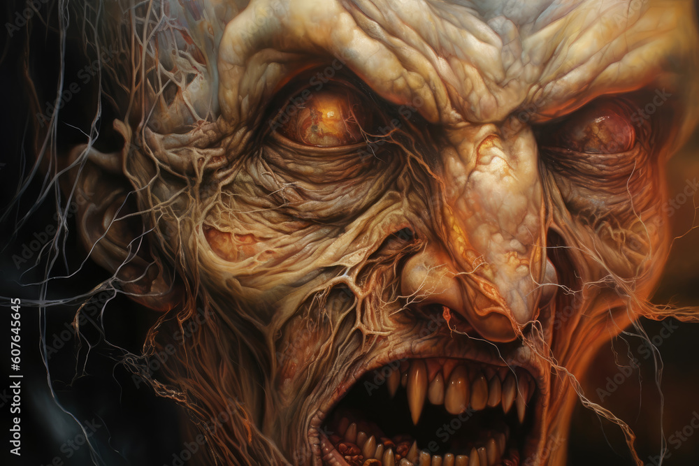 A close up of the grotesque face of a vampire, with deep wrinkles ...