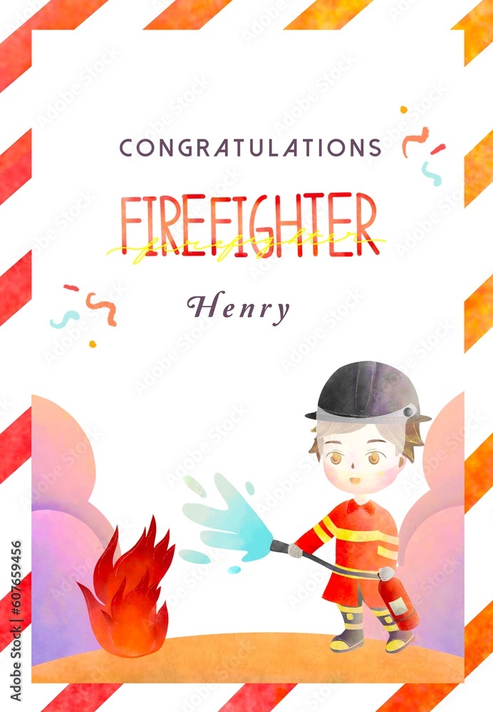 Firefighter congratulations card. Watercolor fire safety theme poster ...