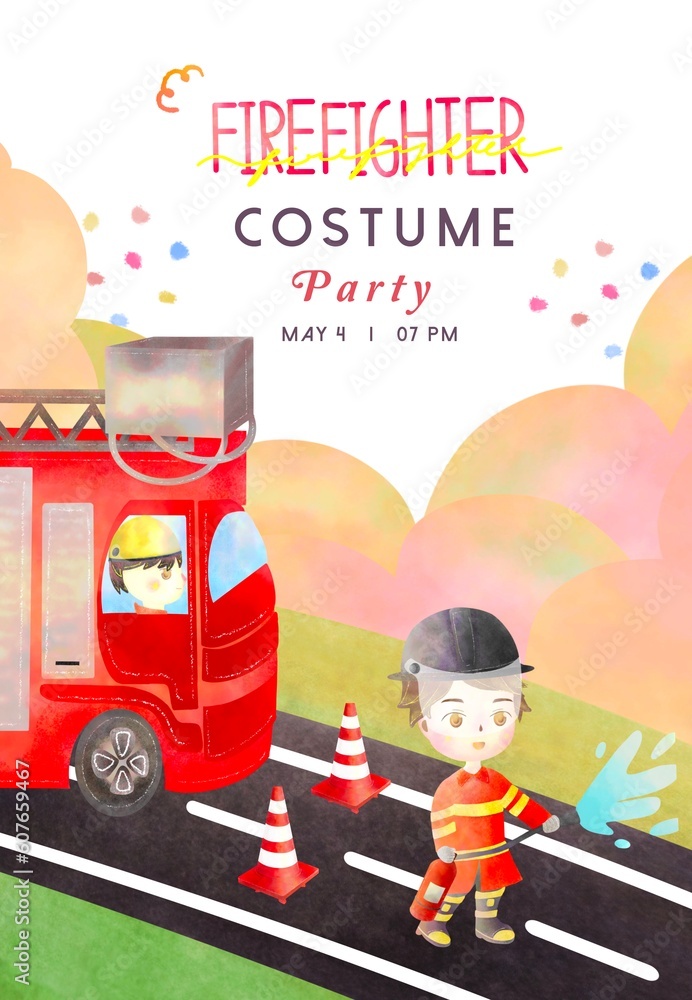 Firefighter costume party invitation card. Watercolor fire safety theme ...
