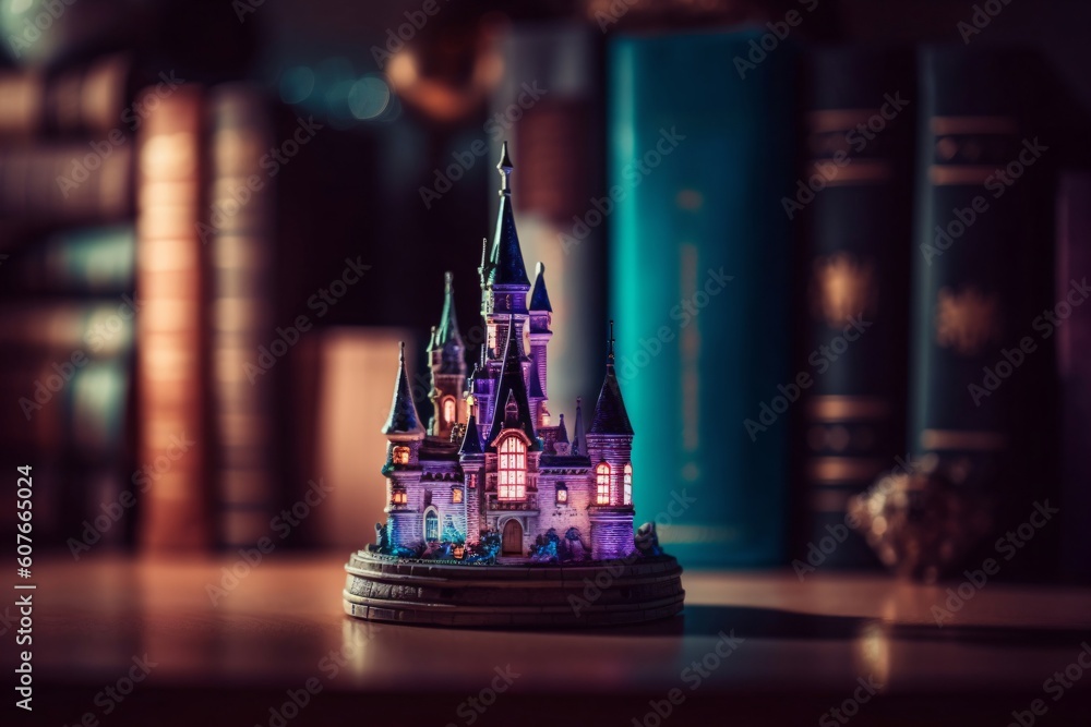 figure of a luminous fairy tale castle in a bookcase created with ...