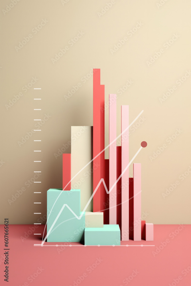 Abstract 3D growth chart ascending coloured bars on solid colour ...