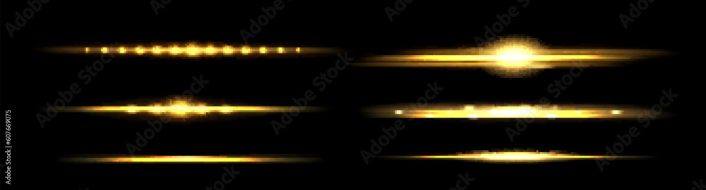 Horizontal golden sparkle light glow line divider vector. Transparent flare beam effect with ...