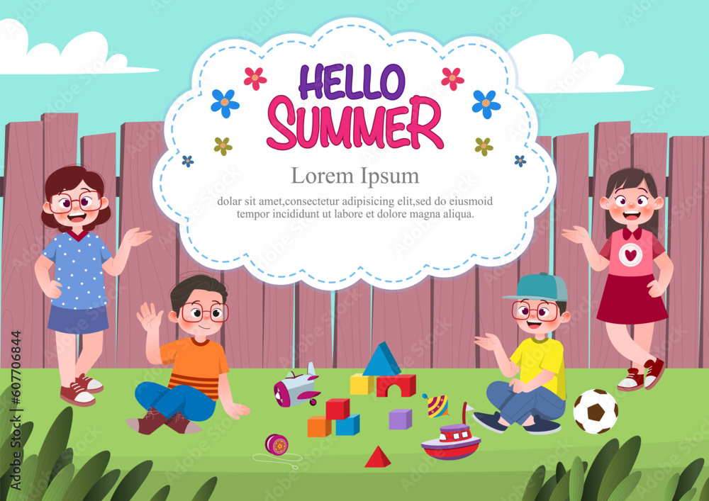 Cute children play outside. template for advertising brochures, ready ...