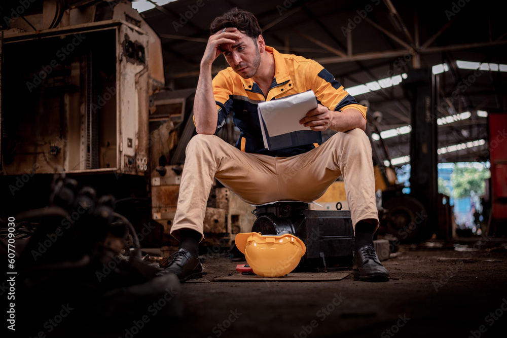 Worker wearing uniform sitting in factory plantation posing feel tried ...