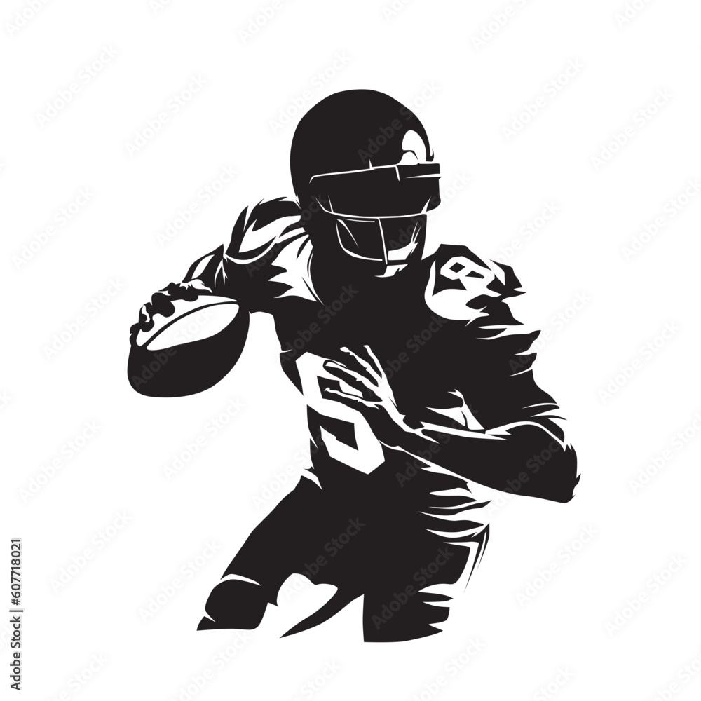 American football player throws ball, isolated vector silhouette, ink ...