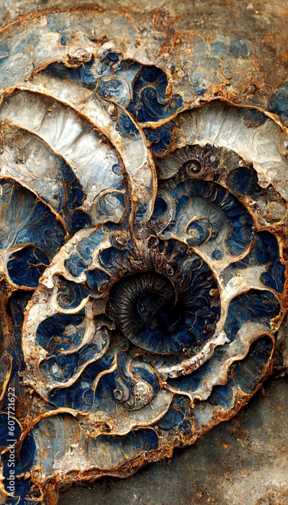 Fossilized ammonite sea shell spirals embedded into dark cobalt blue ...
