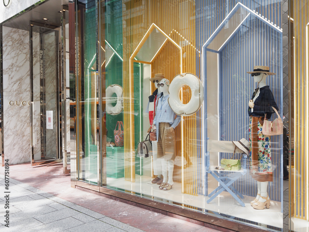 TOKYO, JAPAN - May 28, 2023: Gucci store window display with summer ...