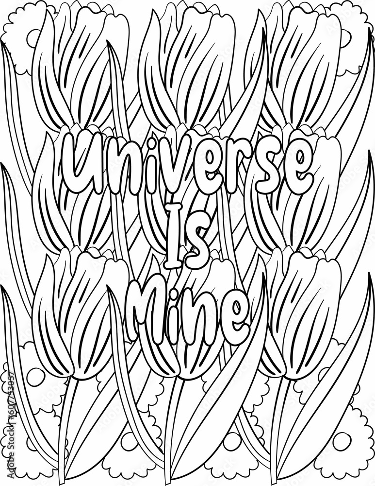 Inspirational words floral coloring page with a set of floral elements ...
