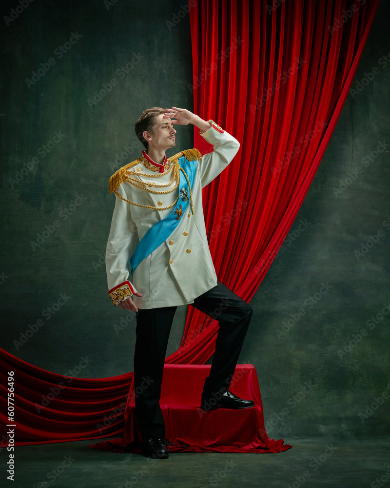 Portrait of young man, royal person, king, duke on elegant costume ...