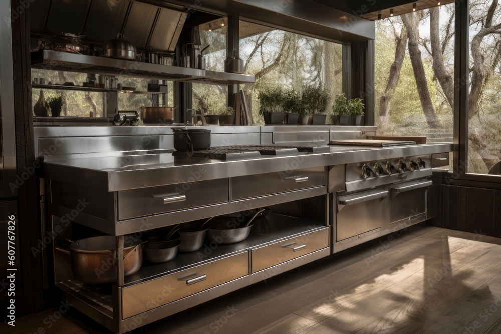 custom-built cooking station with a sleek, industrial metal finish and ...
