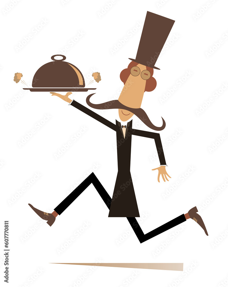 Man carries a cloche serving plate. Running long mustache man in the ...
