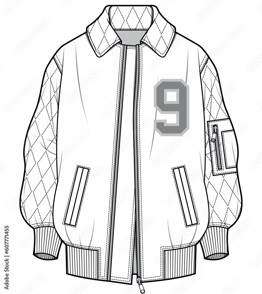 womens long sleeve drop shoulder bomber jacket flat sketch vector ...