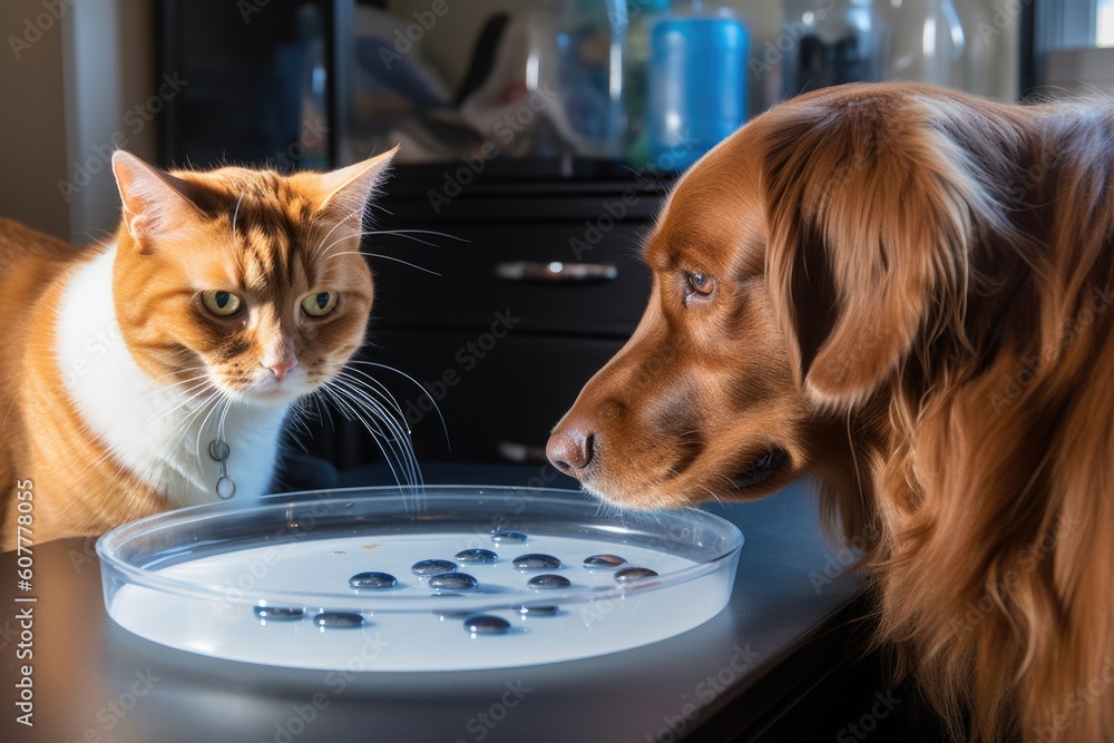 feline scientist studying bacteria on agar plate, while canine ...