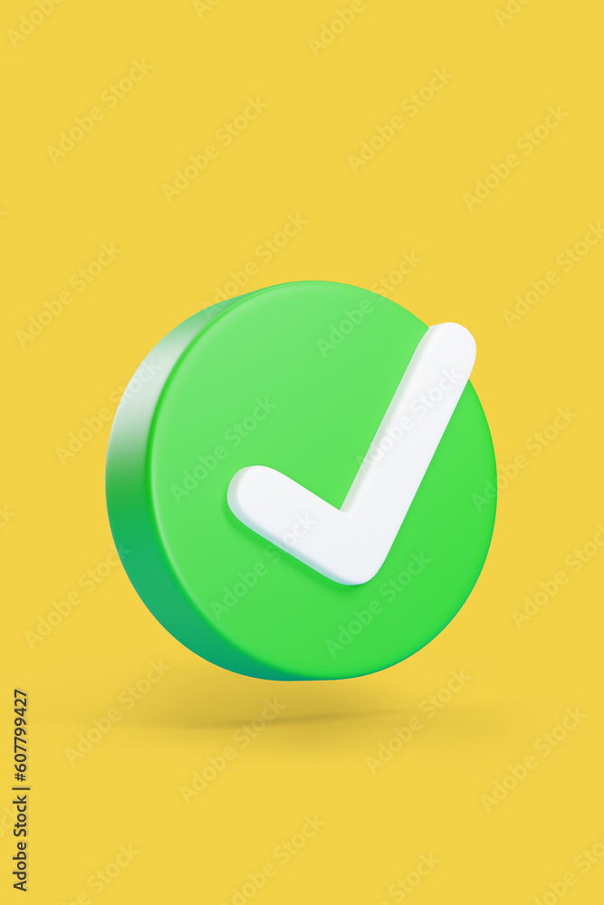 Green check mark button isolated on yellow background. 3d illustration ...