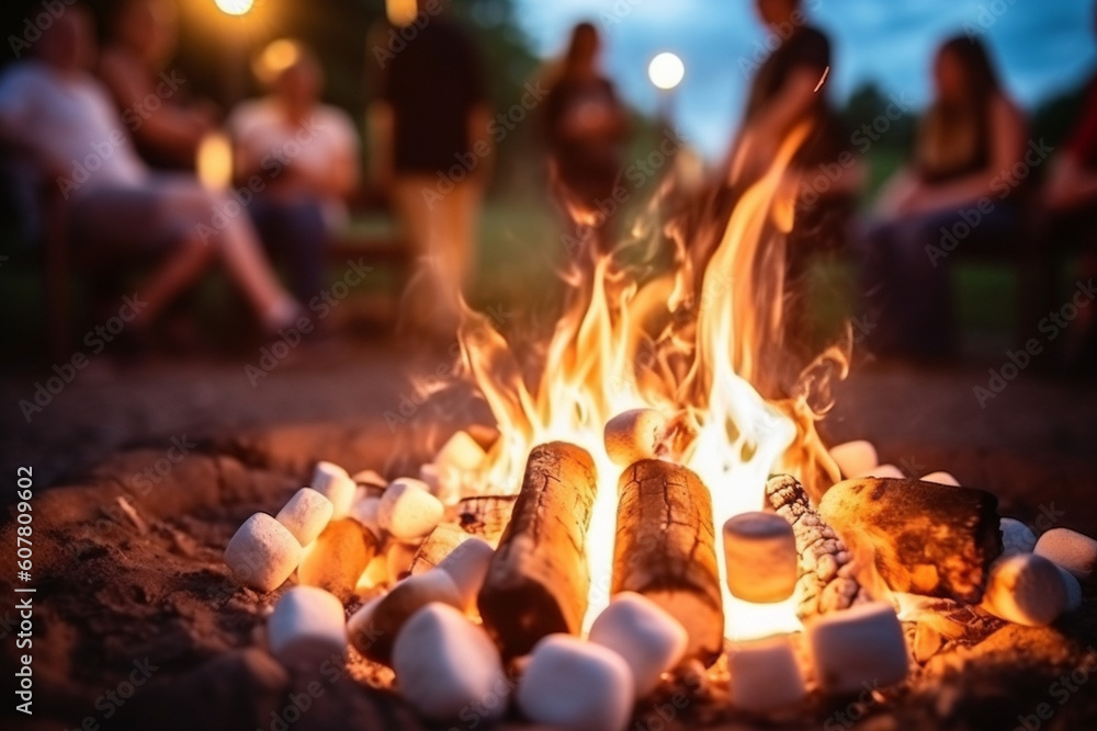 Friends and family gathered around a bonfire, roasting marshmallows and ...