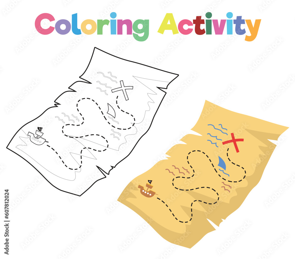 Coloring book for children pirate treasure map. Educational printable ...