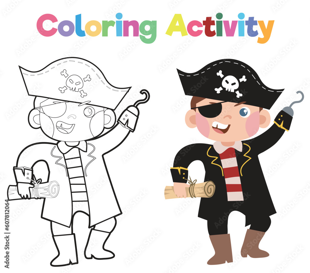 Coloring book for children of a cute pirate captain with an eyepatch and holding a treasure map ...