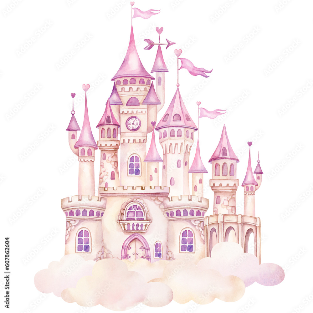 Pink Princess castle on clouds. Fairytale magic kingdom watercolor hand ...