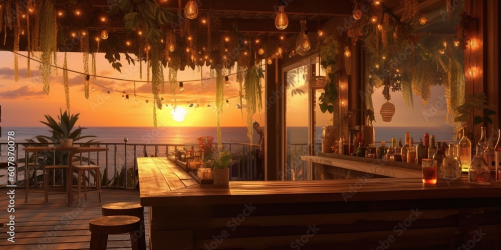 Generative AI, Tropical summer sunset beach bar background. Outdoor ...