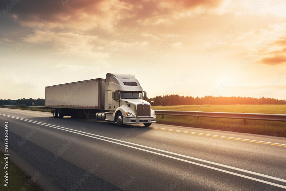 Highway scene with cargo truck transporting goods, emphasizing speed ...
