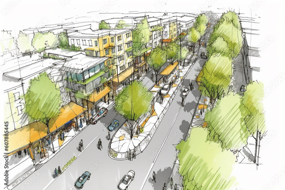 Urban planning sketch highlighting sustainable elements like green ...