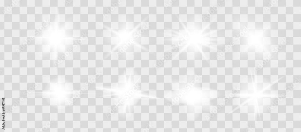 White glowing light explodes on a transparent background. Sparkling ...