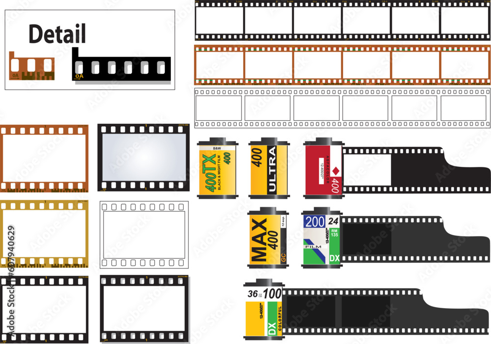 6 frame of 35mm film strip in color and b&w film types. Also individual ...