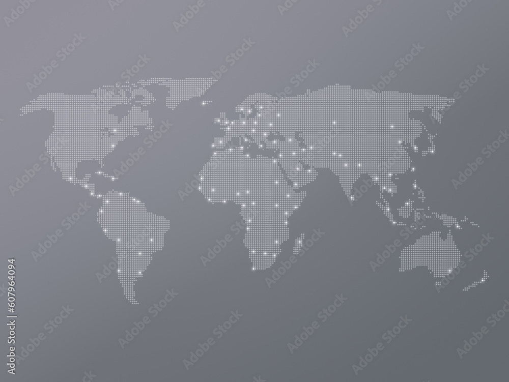 Dotted halftone world map with many highlighted capital cities on gray ...