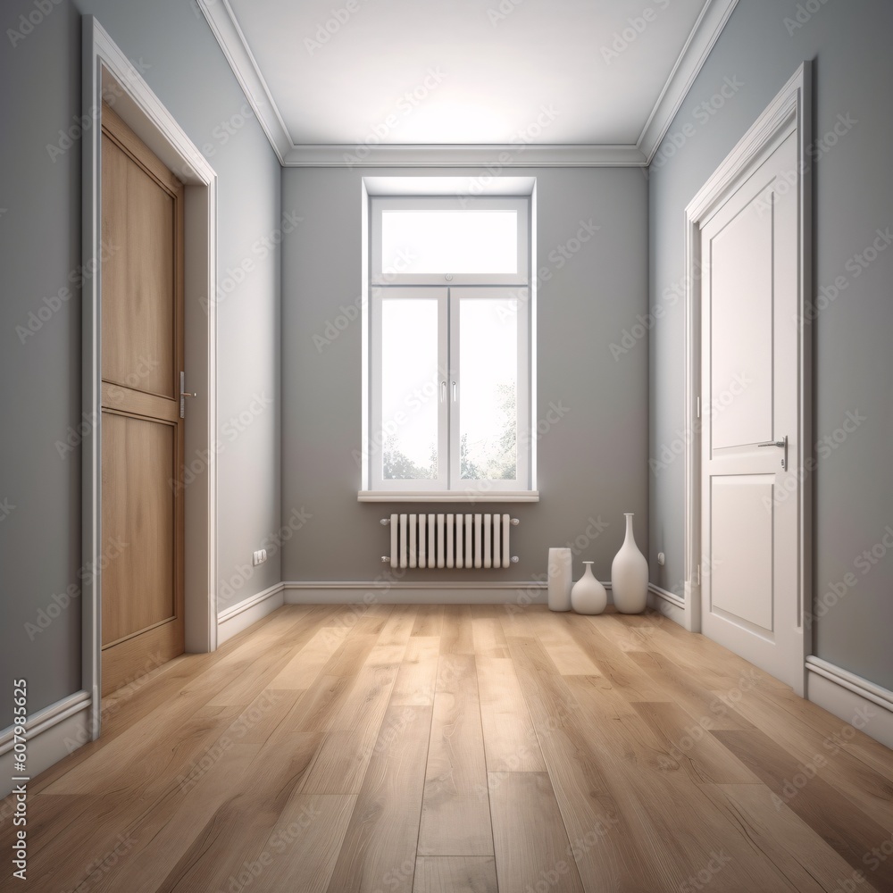Interior of a room with wooden floor and white walls. 3d render style ...