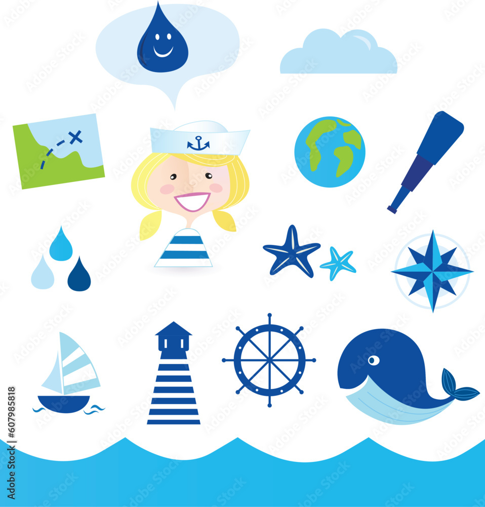 Stylized ocean icon set. Smiling small adventurer with accesories: map ...