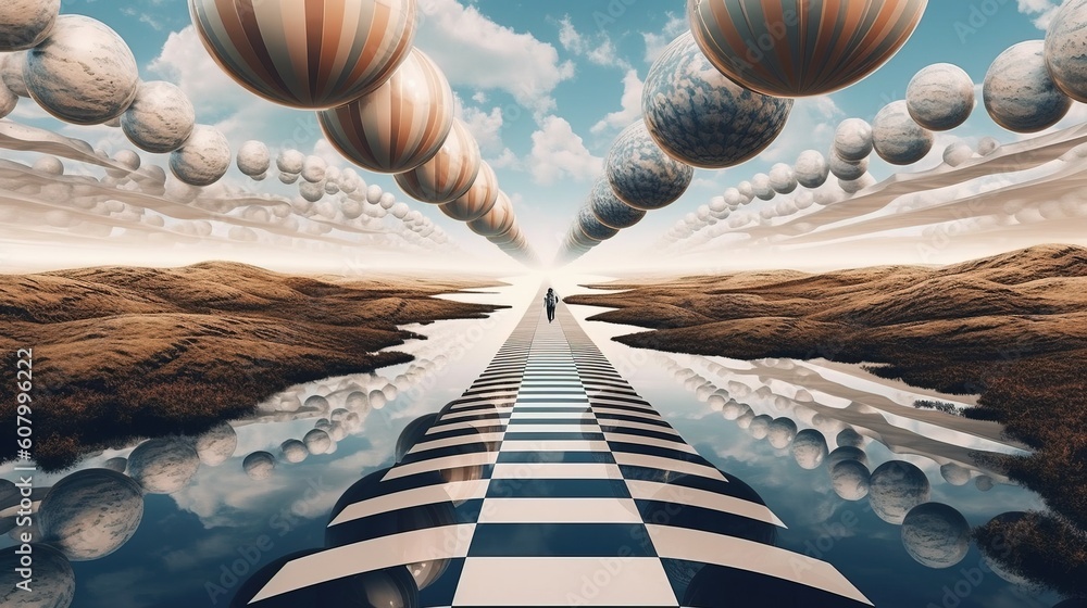 Stock-Illustration „a man walking on a checkered road with many balls ...