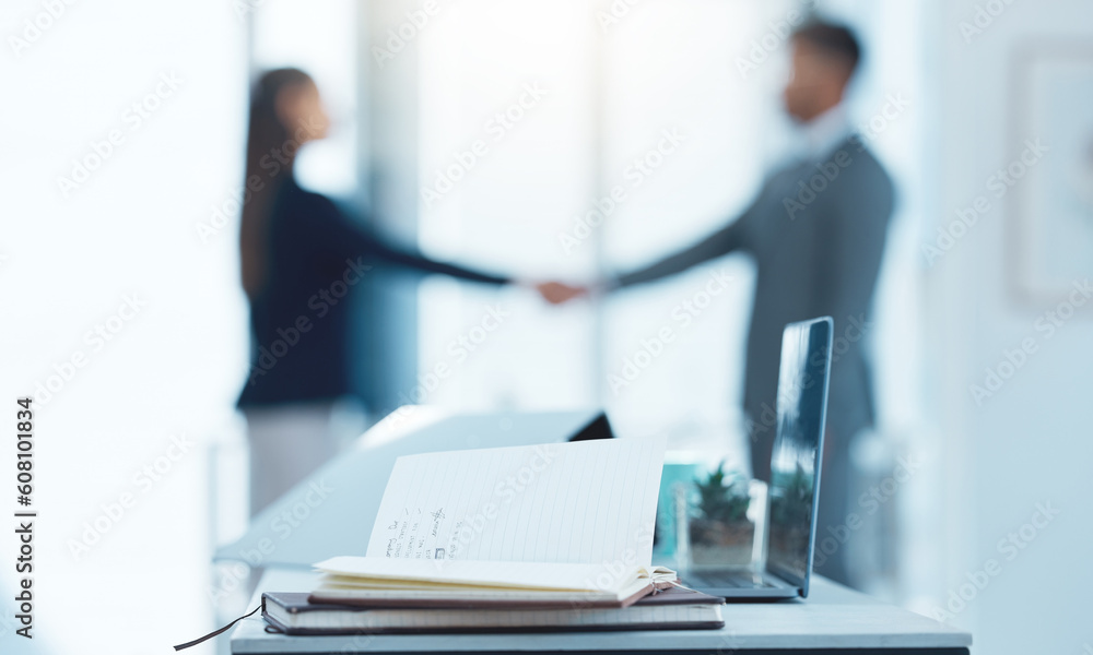 Handshake, notebook and business people in a office with thank you ...