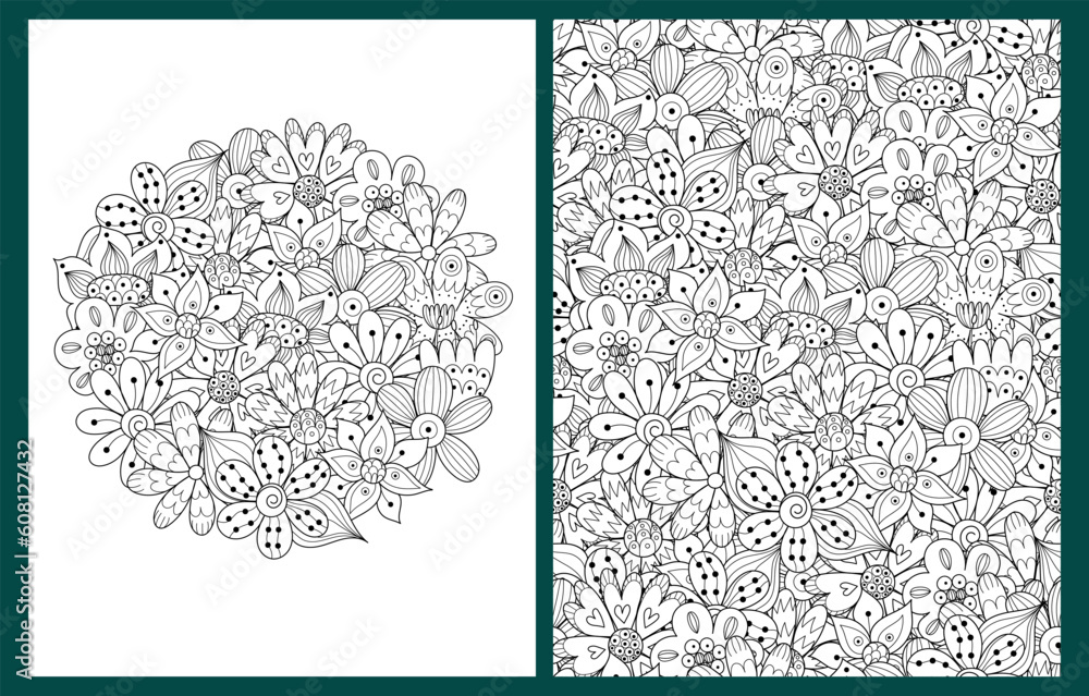 Coloring pages set with hand drawn flowers in zentangle style. Doodle ...
