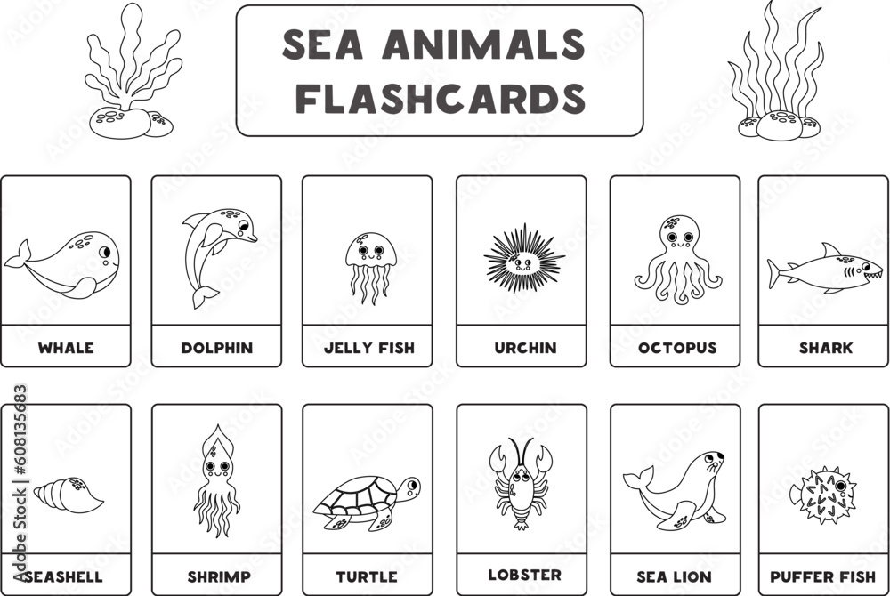 Vector de Stock Cute cartoon sea animals with names. Black and white ...