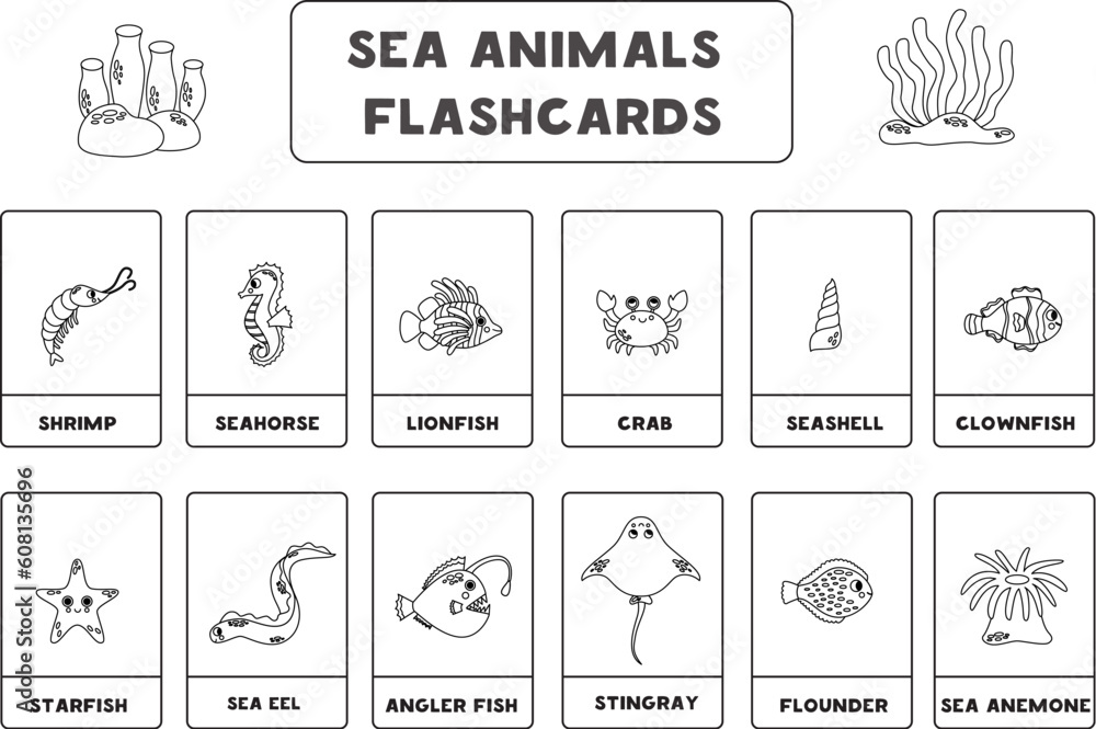 Cute cartoon sea animals with names. Black and white. Flashcards for ...