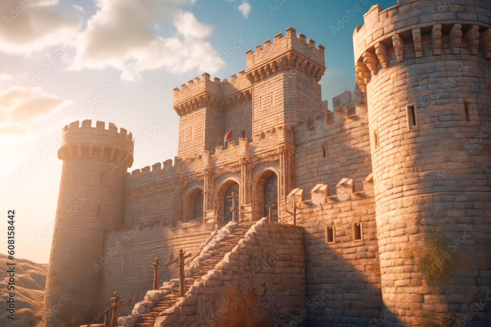 Strong fortress walls, medieval castle. Cinematic light, volumetric ...