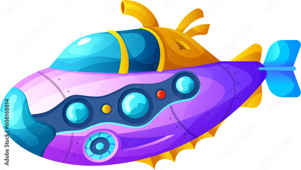 Cartoon submarine with periscope or bathyscaphe boat, vector underwater ...