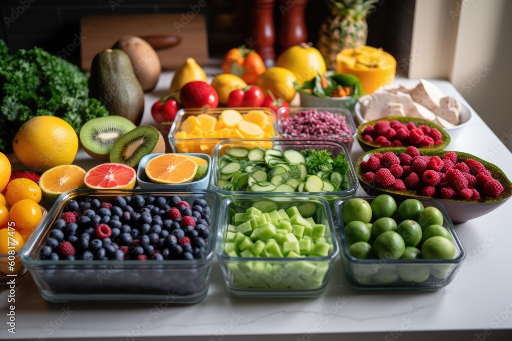 meal prep station with different types of fruits and vegetables for ...