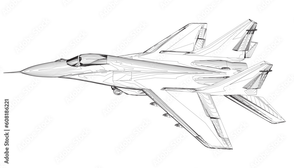 Military fighter jet outline. Vector art illustration of contour ...