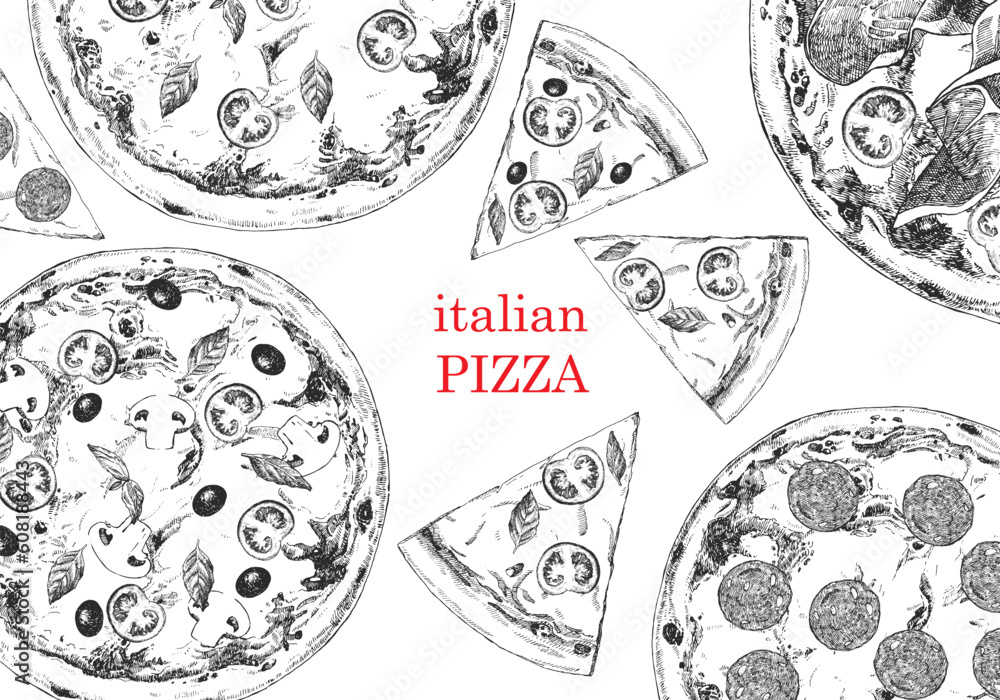 Traditional italian dishes. Hand-drawn illustration of Pizza. Italian ...